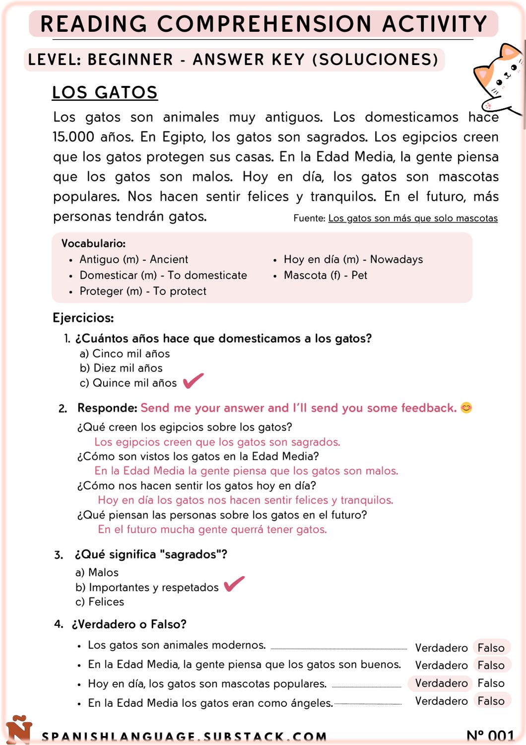 📖Reading Comprehension #001: Los gatos. (All levels)