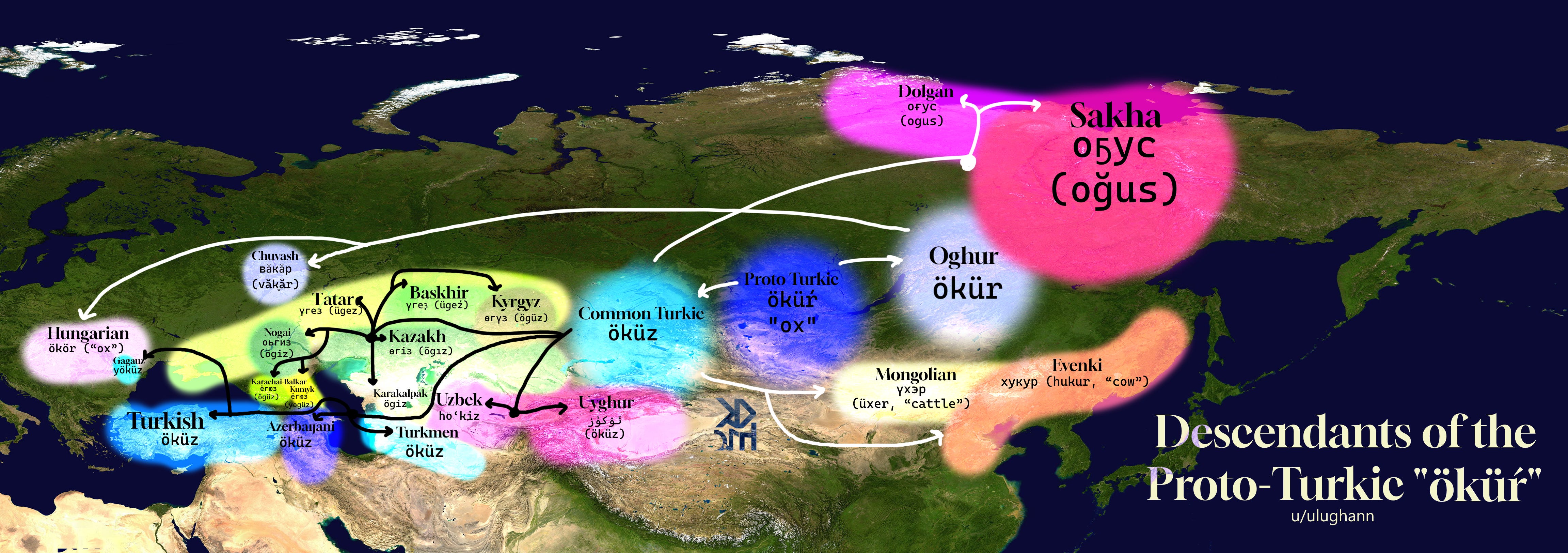 Etymology map of the proto-turkic “öküŕ” Full... - Maps on the Web