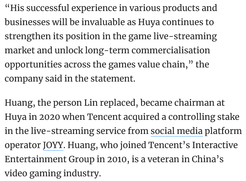 Tencent replaces chairman at video game live-streaming platform Huya amid regulatory pressure ...