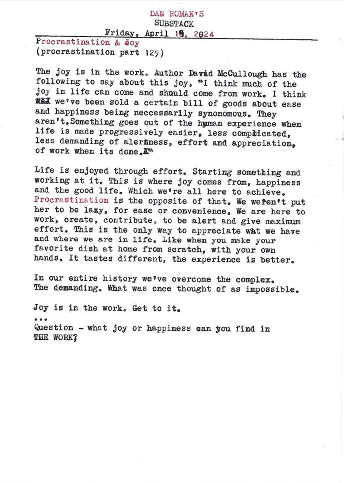Procrastination & Joy - Dan Roman's Substack