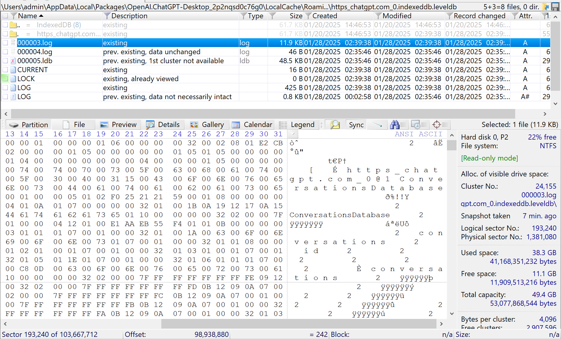 LevelDB WAL log - extracting ChatGPT desktop conversations