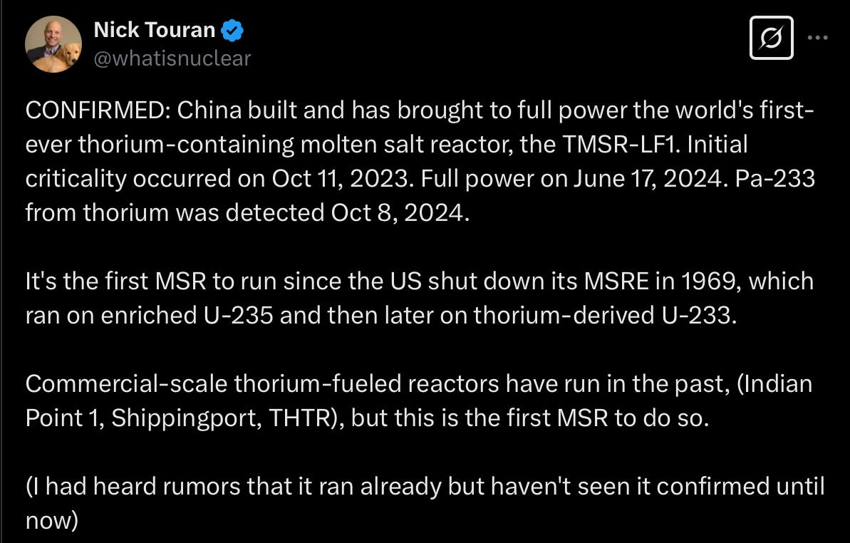 World First: Thorium Molten Salt Reactor in China confirmed