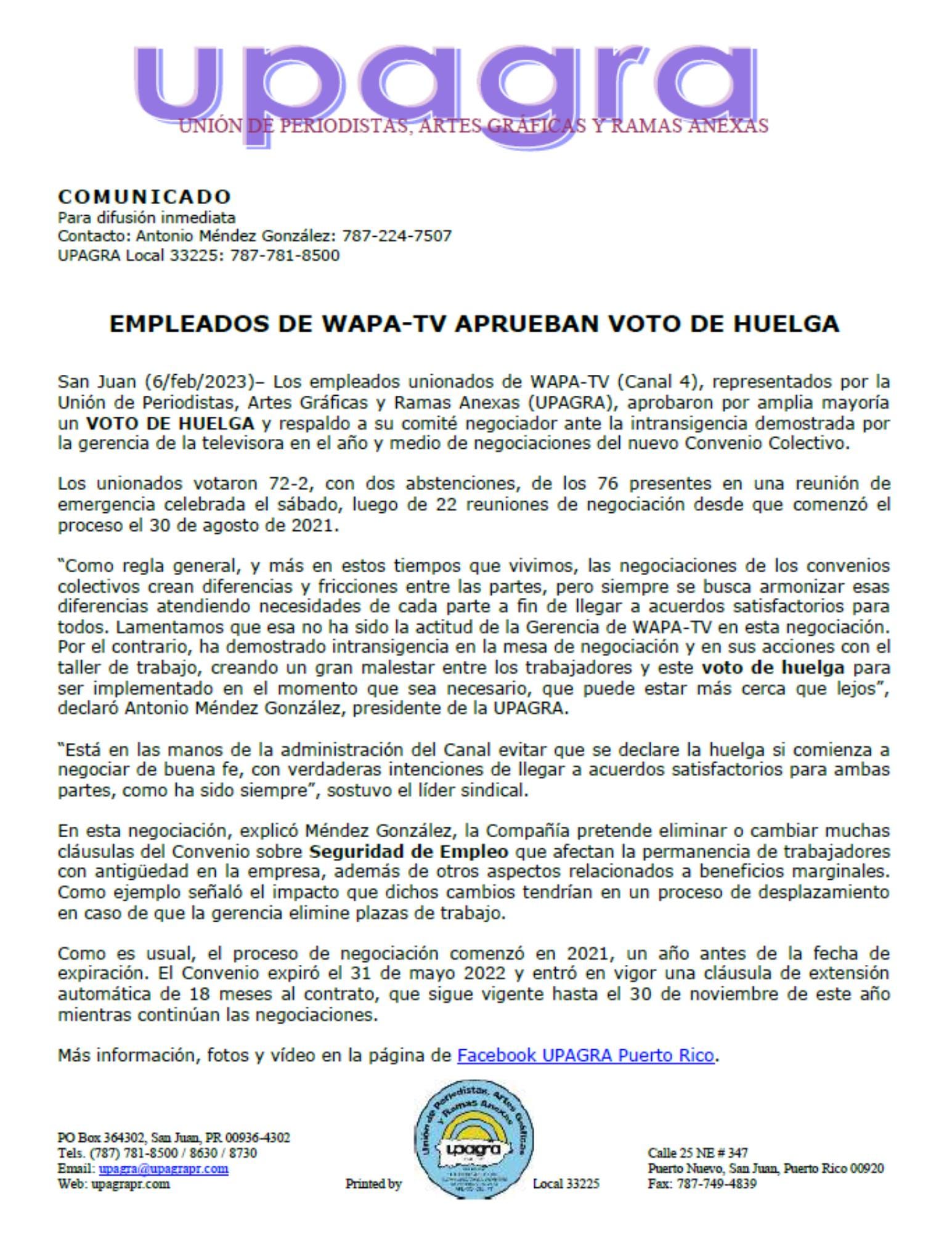Empleados WAPA-TV aprueban voto de huelga