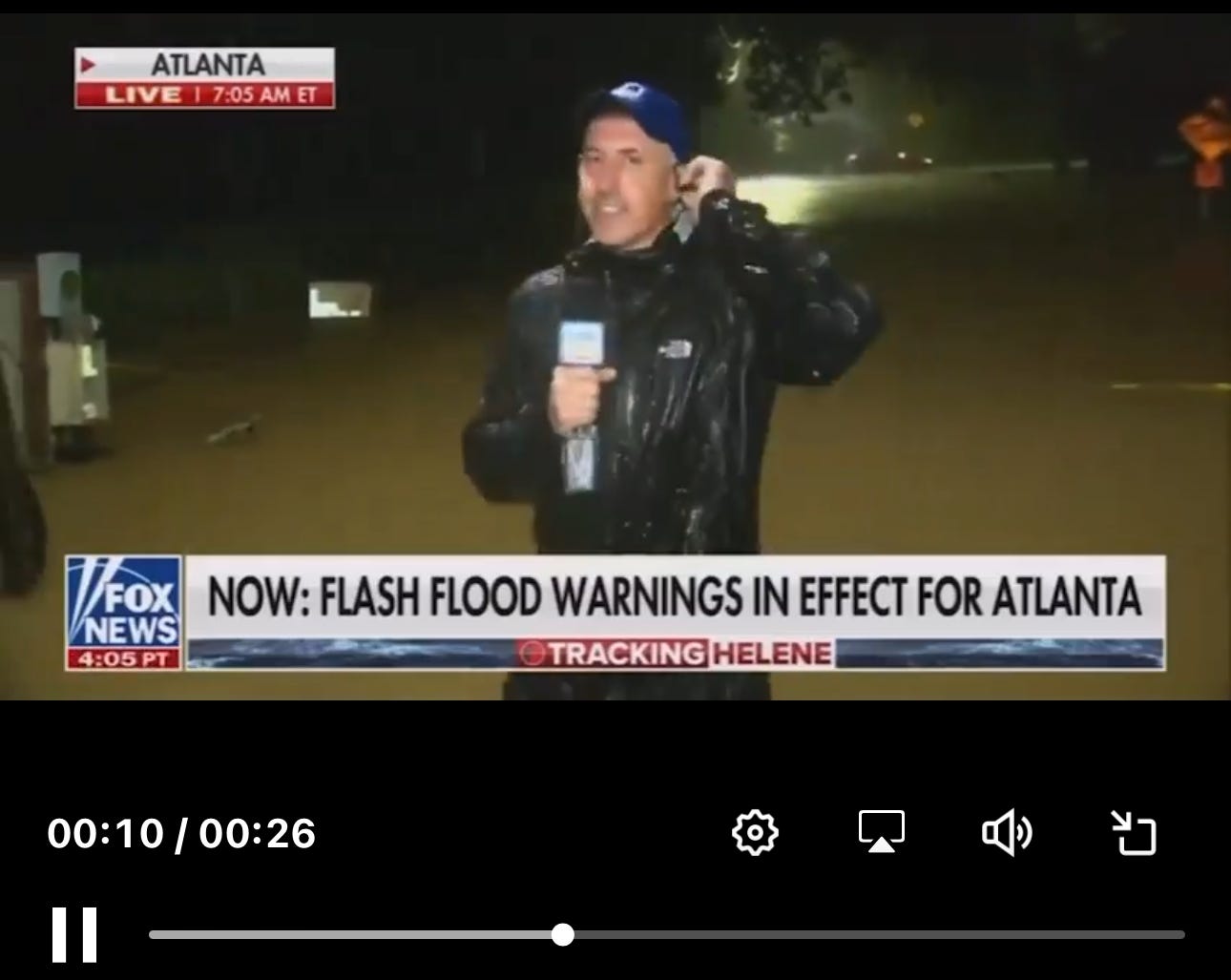 Fox Newscaster in Flood Area Peachtree Creek, Atlanta Stops Broadcast ...