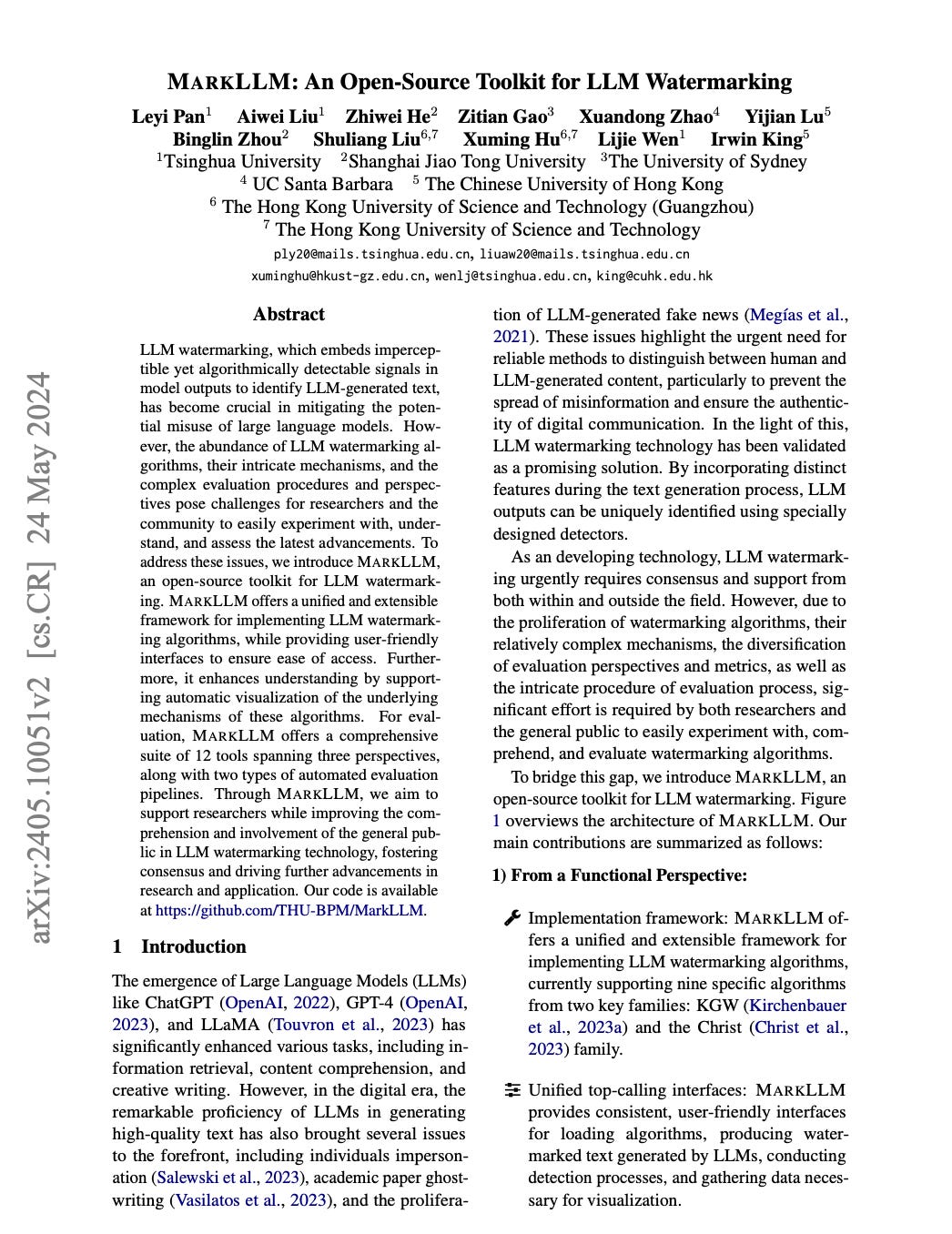 [paper] MARKLLM: An Open-Source Toolkit for LLM Watermarking