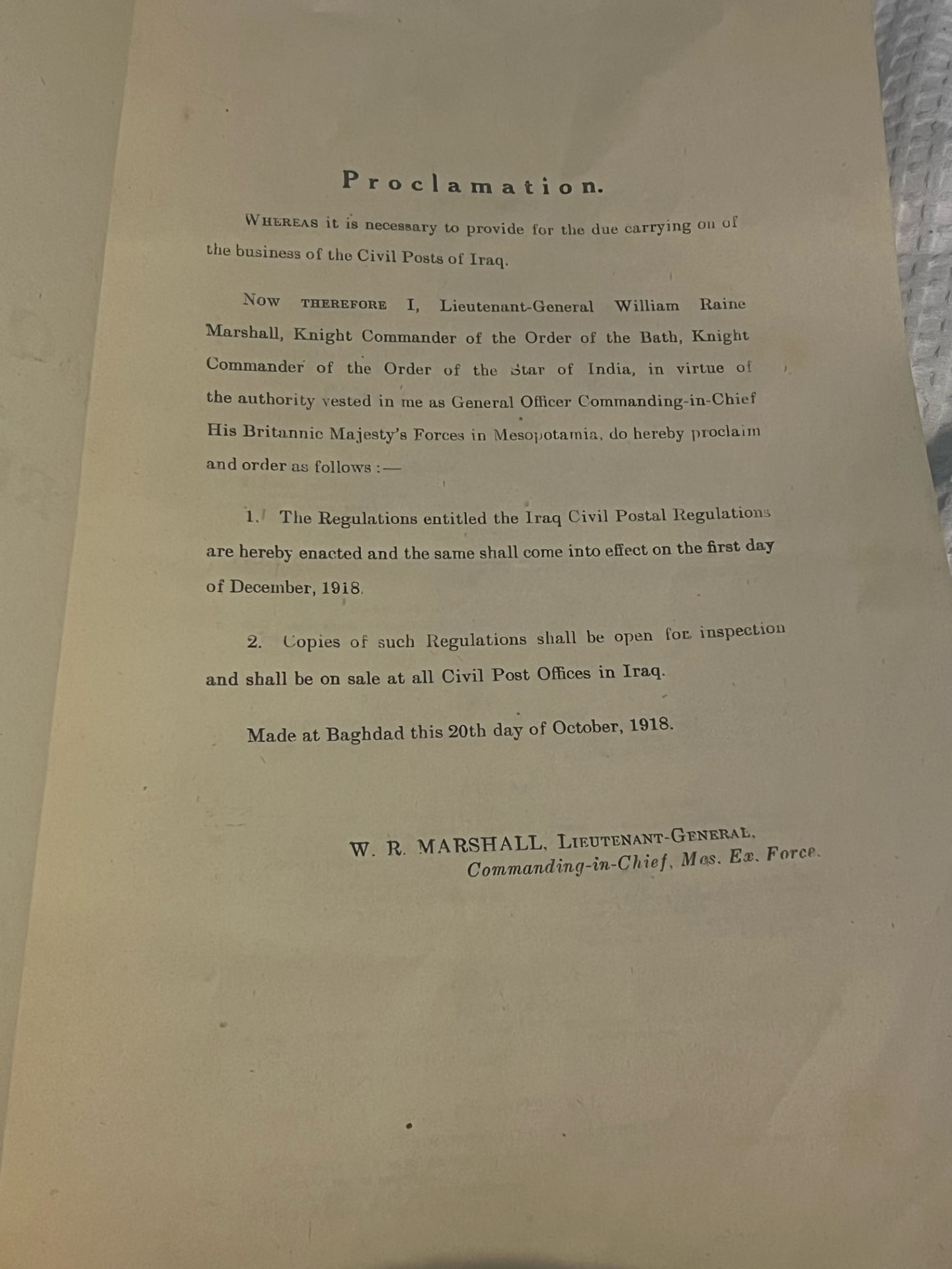 The Iraq Civil Postal Regulations (1918)