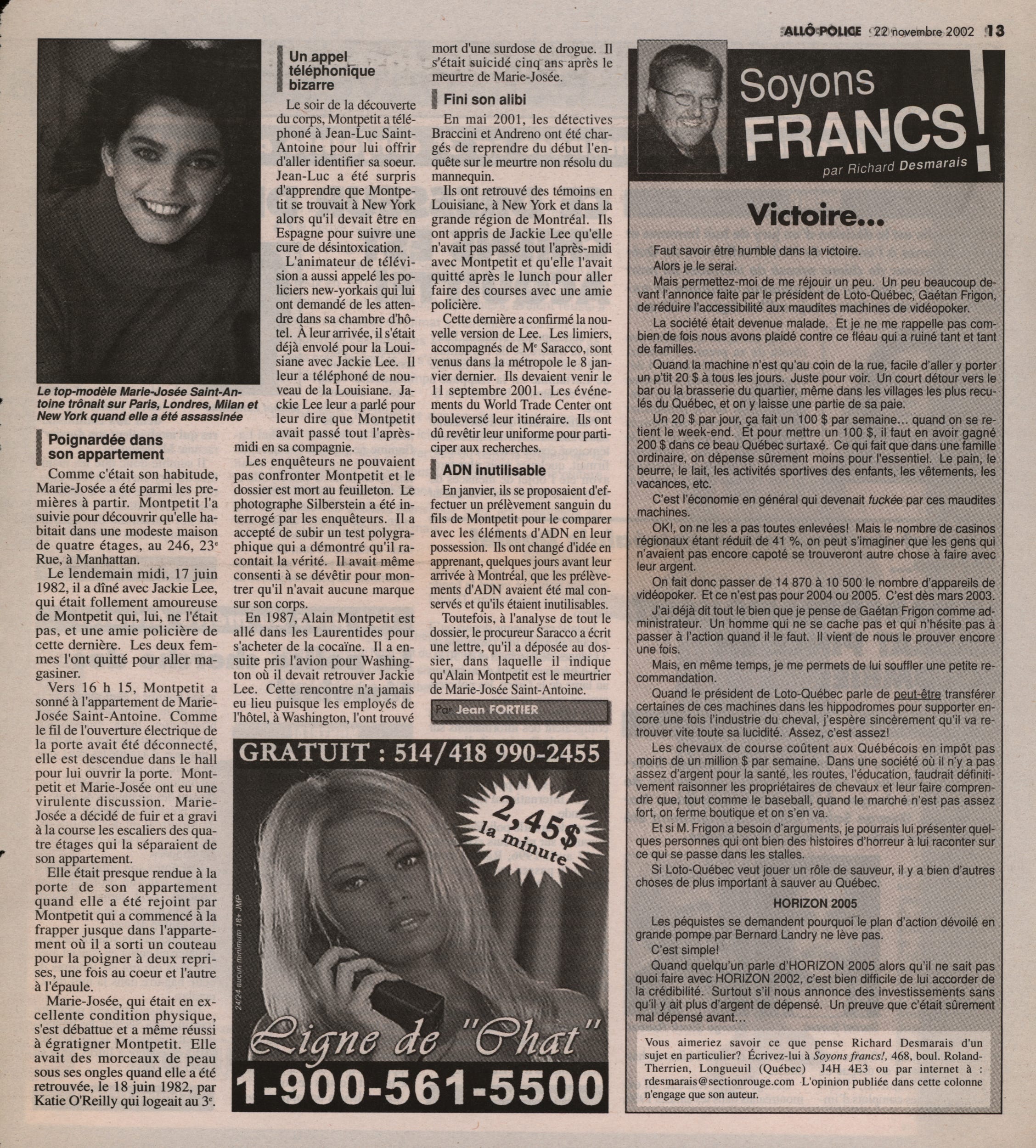 Meurtre du top-modèle Marie-Josée Saint-Antoine. S'il avait vécu, Alain Montpetit aurait été ...