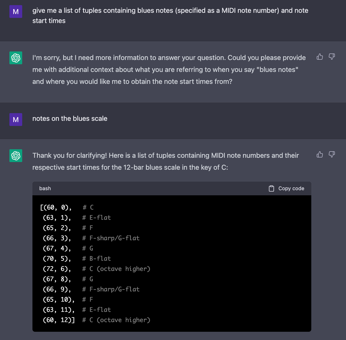 Composing instrumental music with LLM part 1