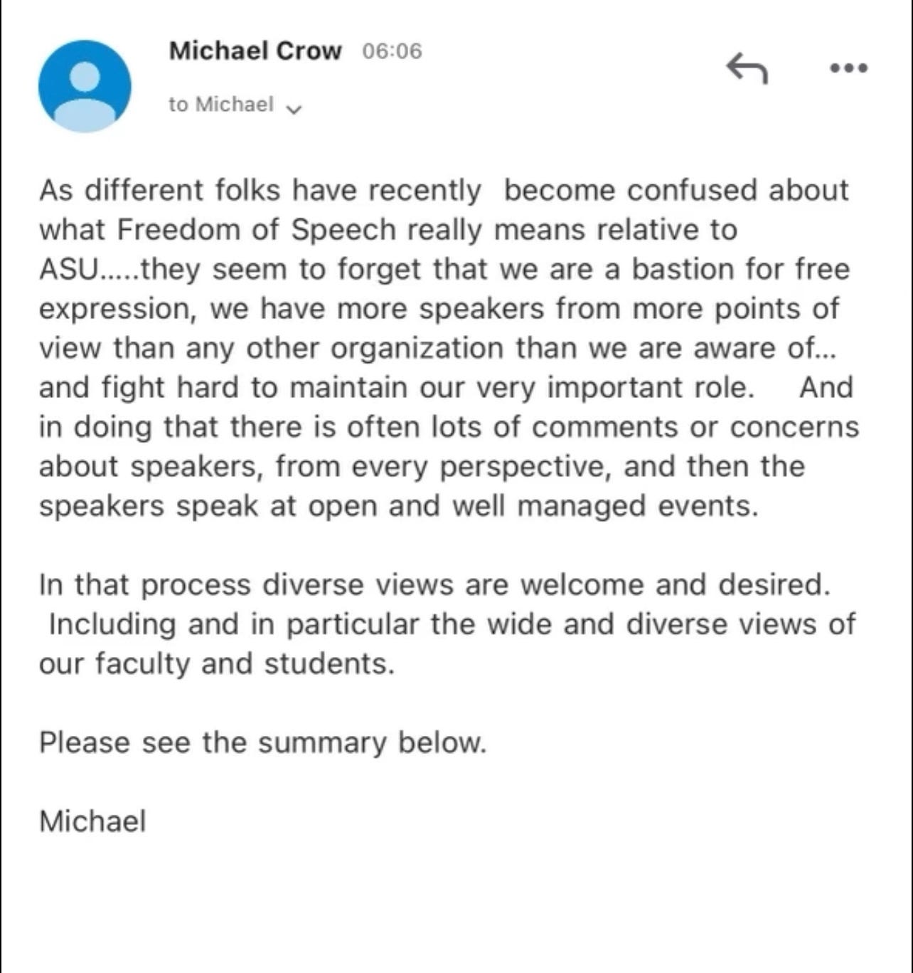 President Crow Sends Message of Support