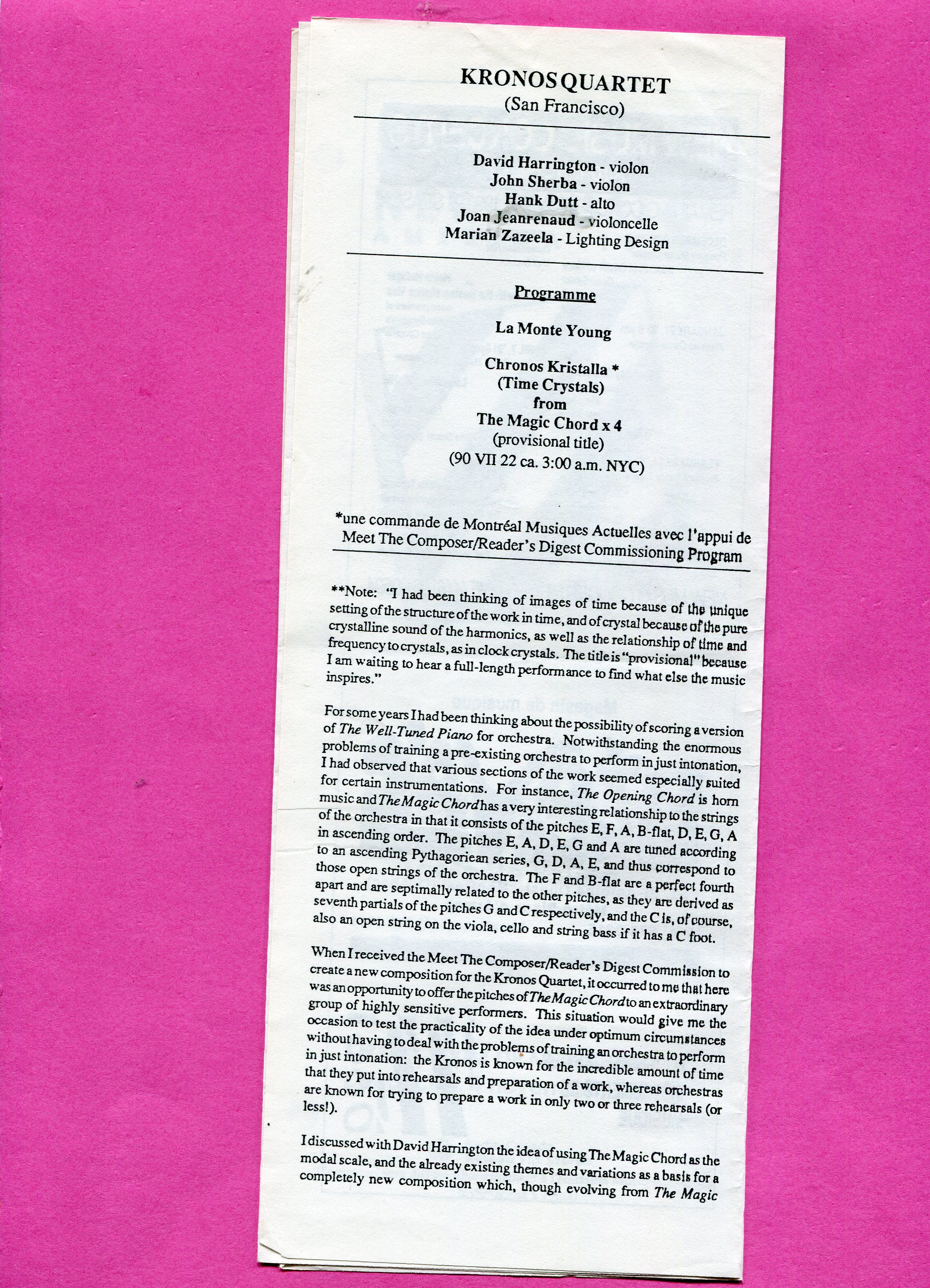 4 novembre 1990: Kronos Quartet plays LaMonte Young's "Time Crystals" (Chronos Kristalla)