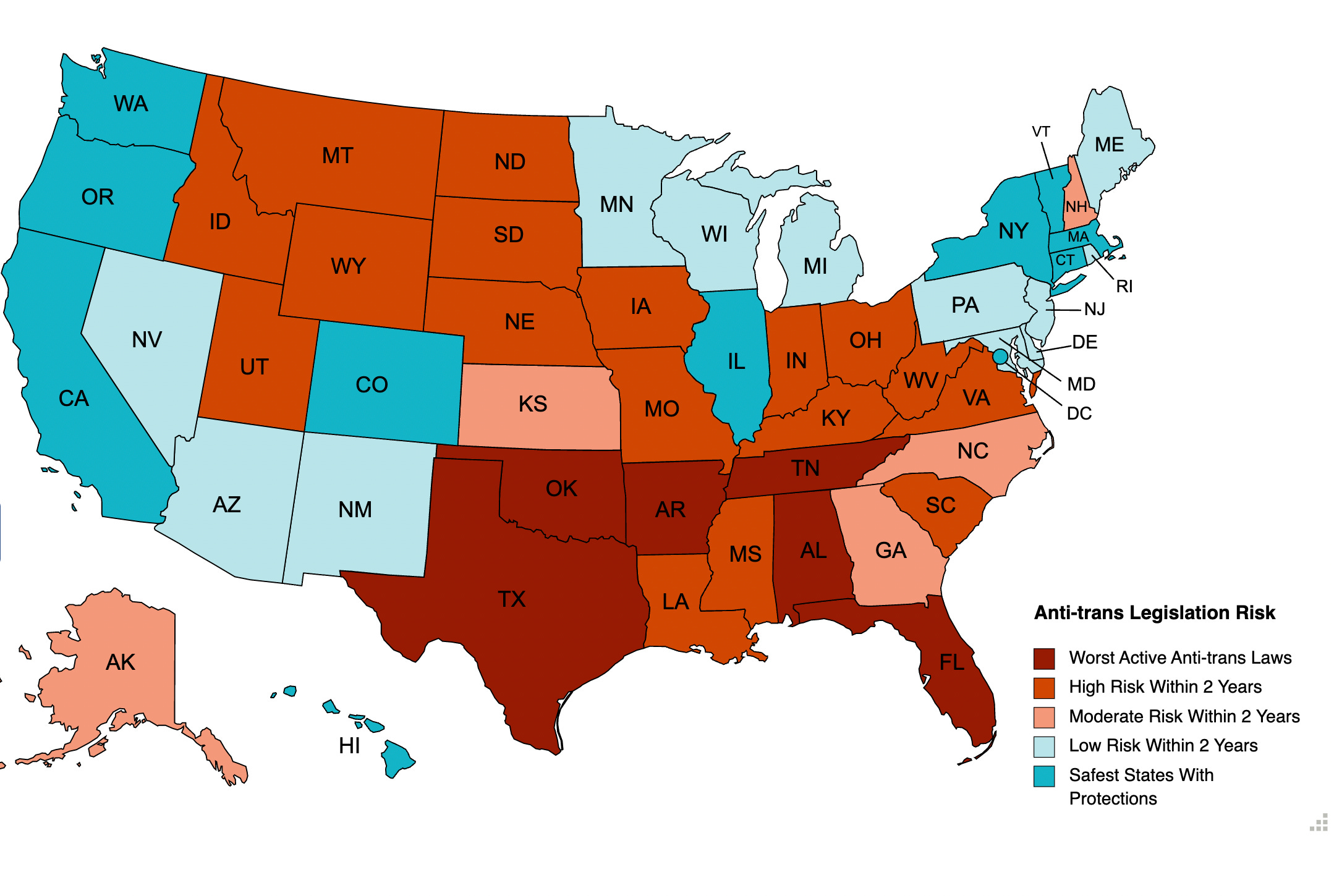 Updated Anti-trans Legislative Risk Assessment Map
