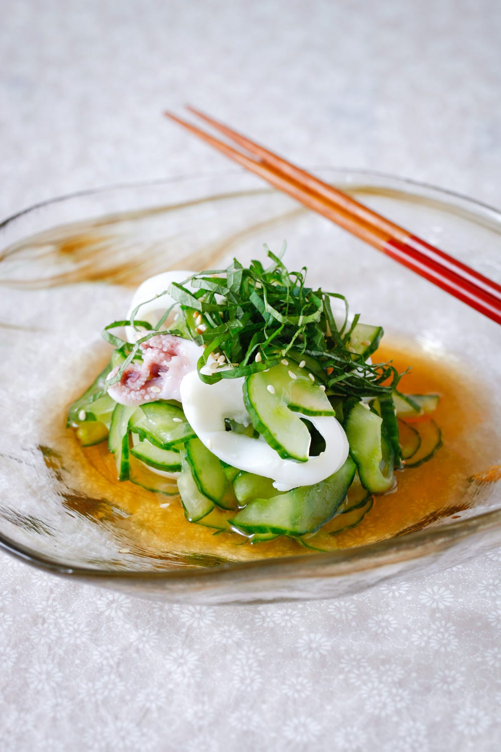 Cucumber and squid salad with sanbai-su dressing