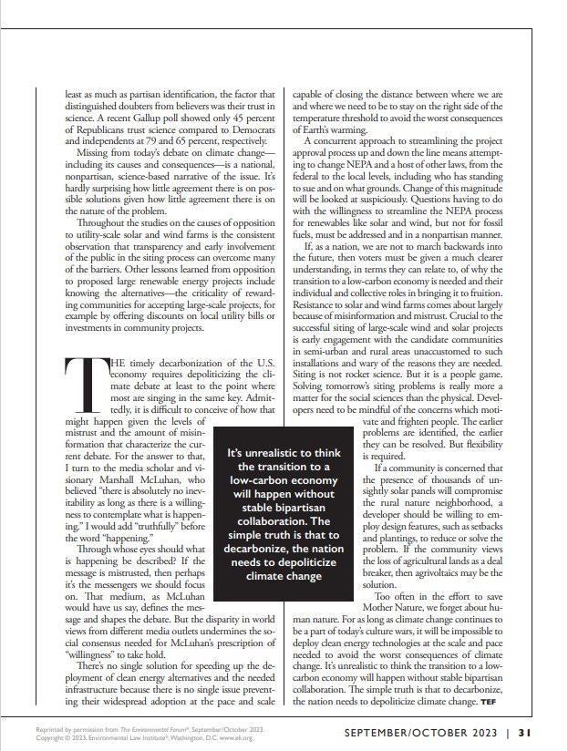 Depoliticize to Decarbonize - by Joel B. Stronberg