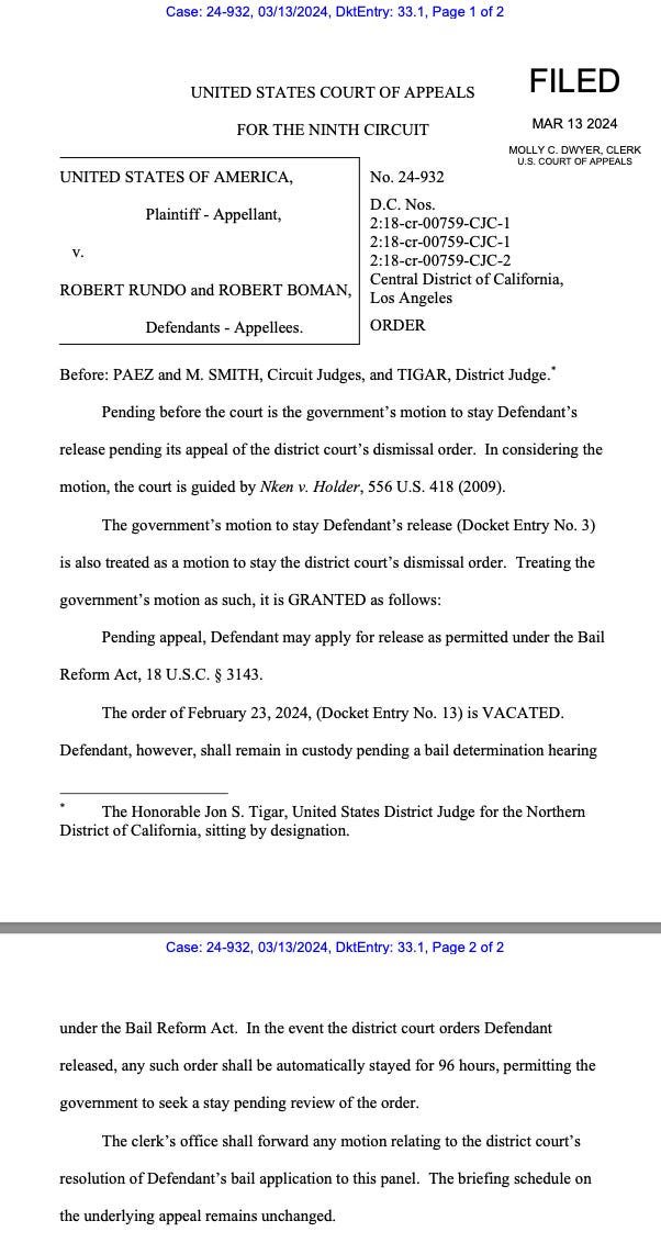 9th Circuit stays future release orders for Robert Rundo