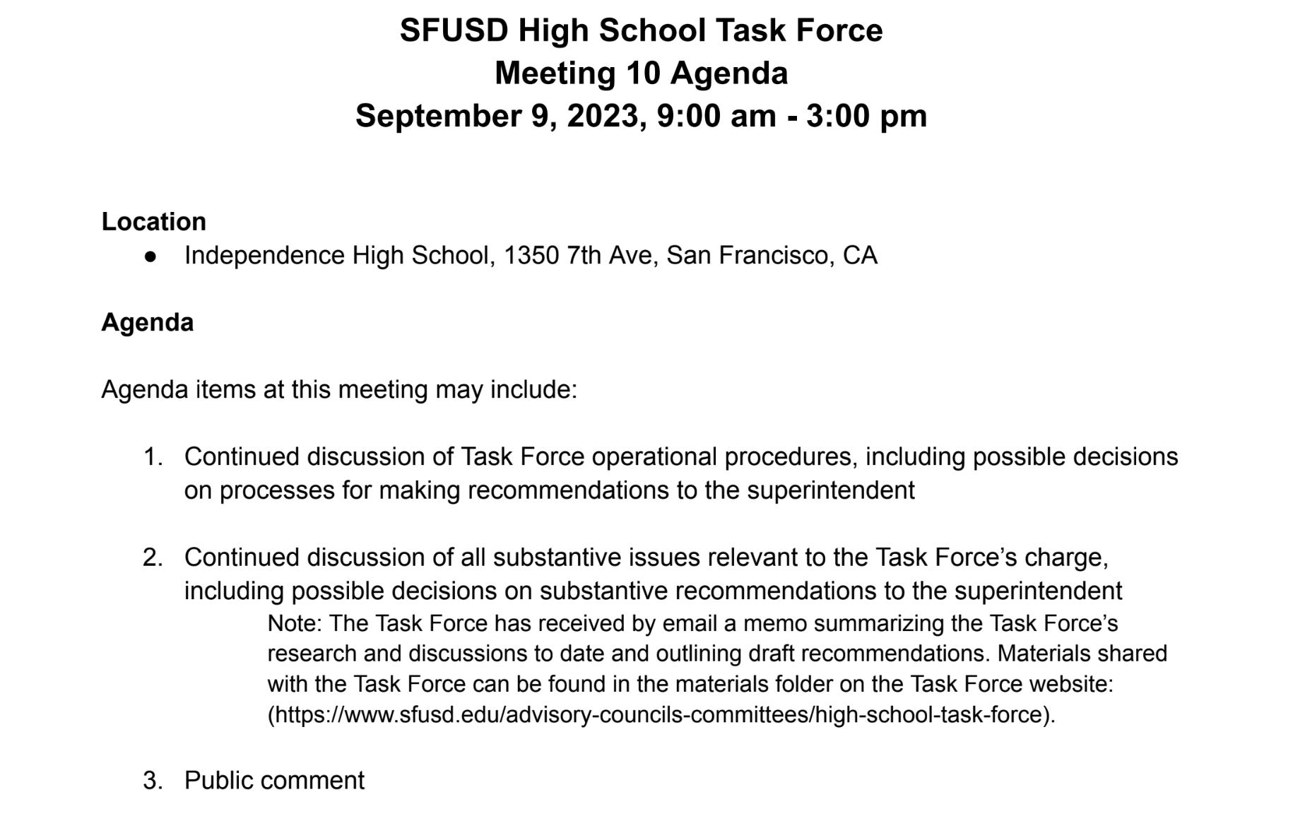 PSA: High School Task Force Draft Recommendations