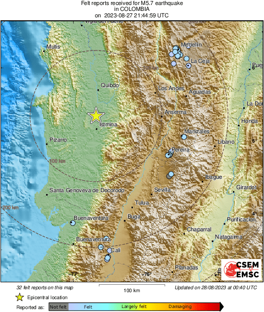M5.7 earthquake in western Colombia, above the subduction zone