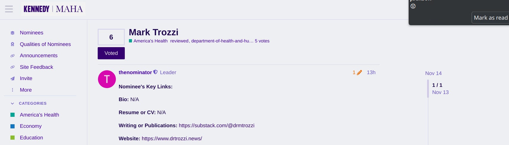 Support Dr. Trozzi’s Nomination to Join the MAHA Team