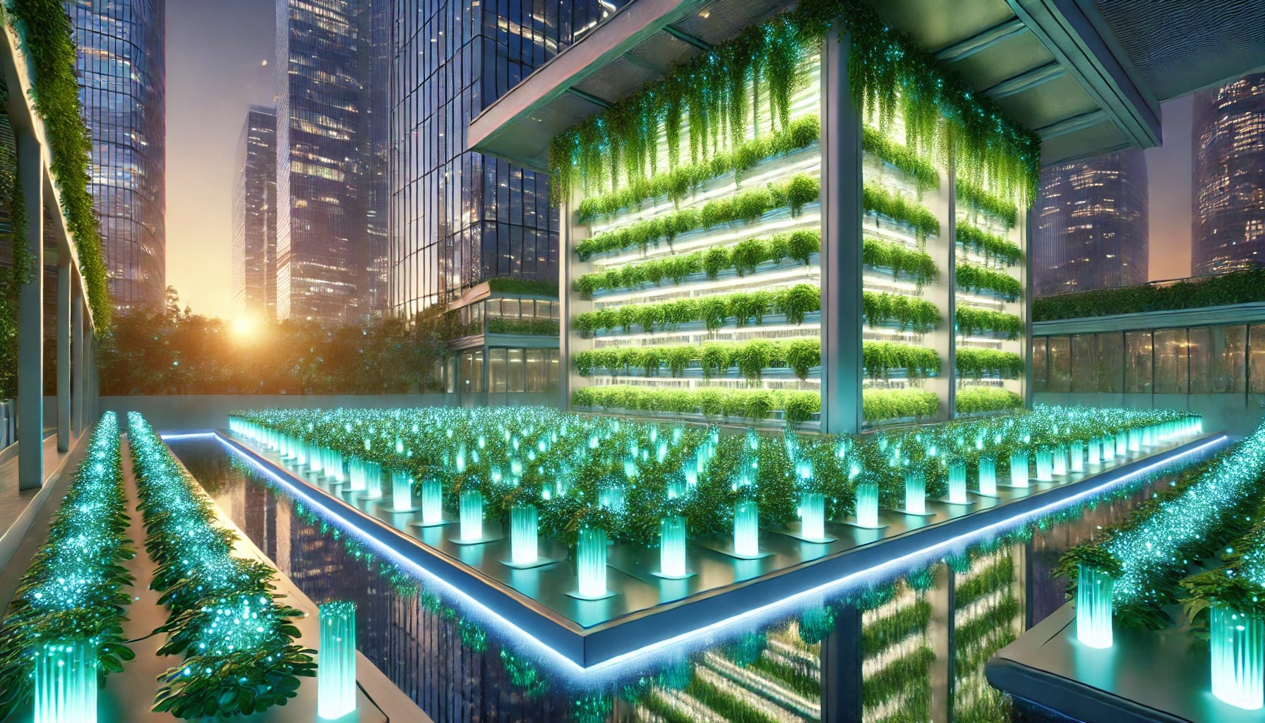 BioLuminescent Urban Farming Technology (envisioned by AI)