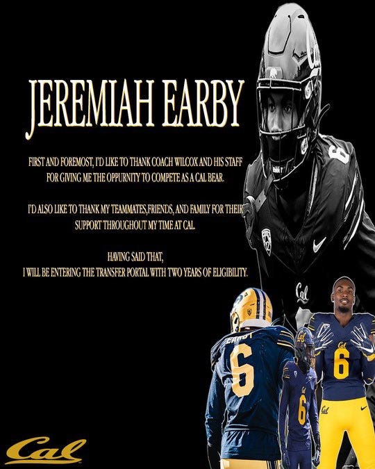 Cal DB Jeremiah Earby enters the Transfer Portal; WR Brian Hightower ...