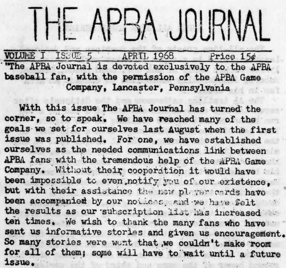 APBA's Relationship With The APBA Journal