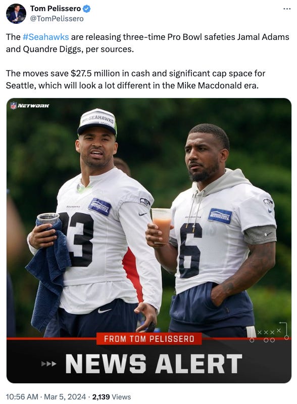 Seahawks release Quandre Diggs, Jamal Adams, Will Dissly