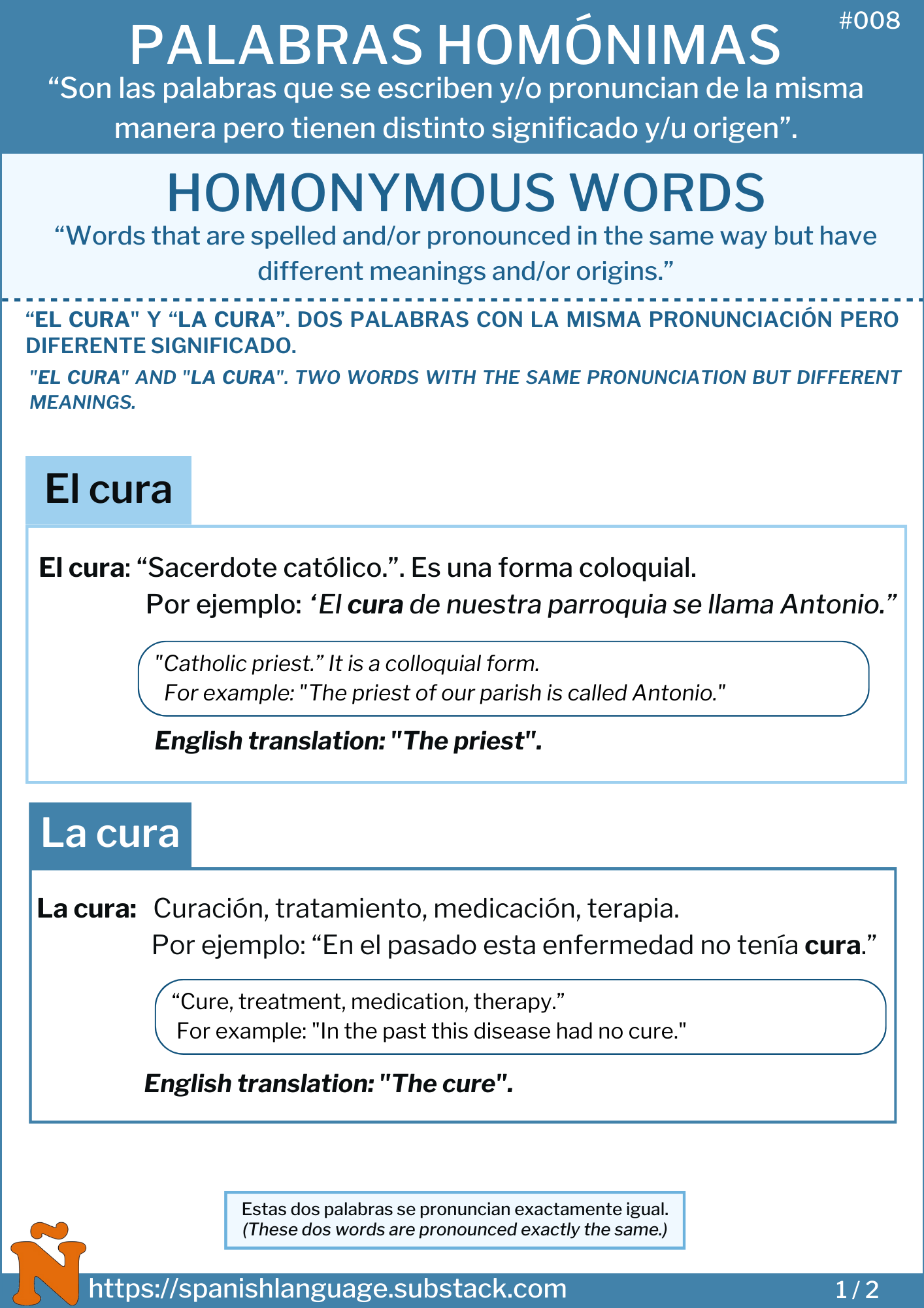 Spanish Homonymous words: ‘El cura’ vs. ‘La cura’. (#008)