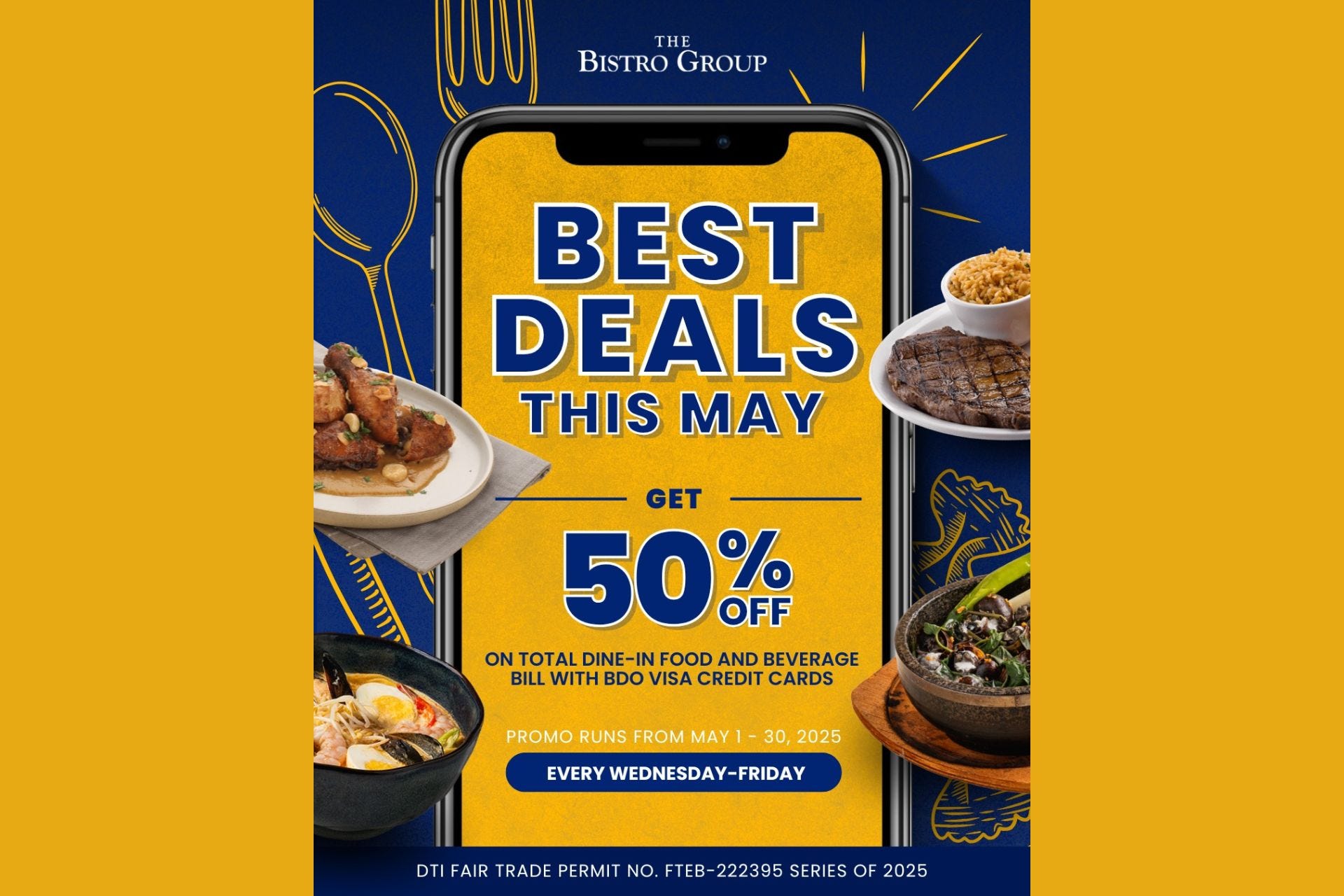 Get 50% off The Bistro Group restos using BDO Visa Credit Cards this May