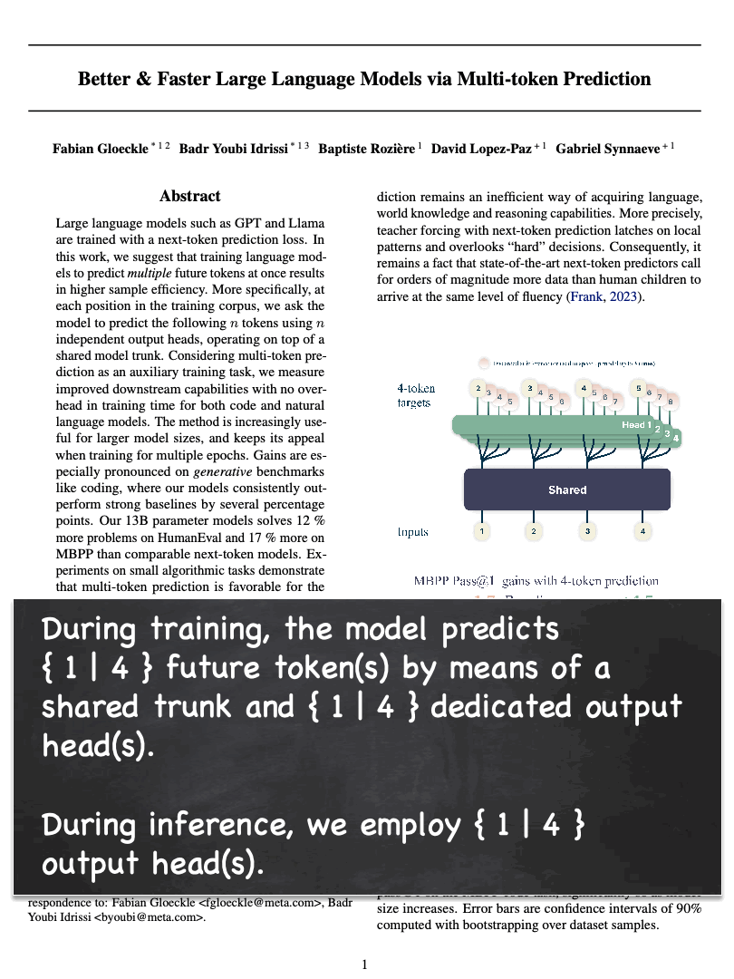 Better & Faster Large Language Models via Multi-token Prediction