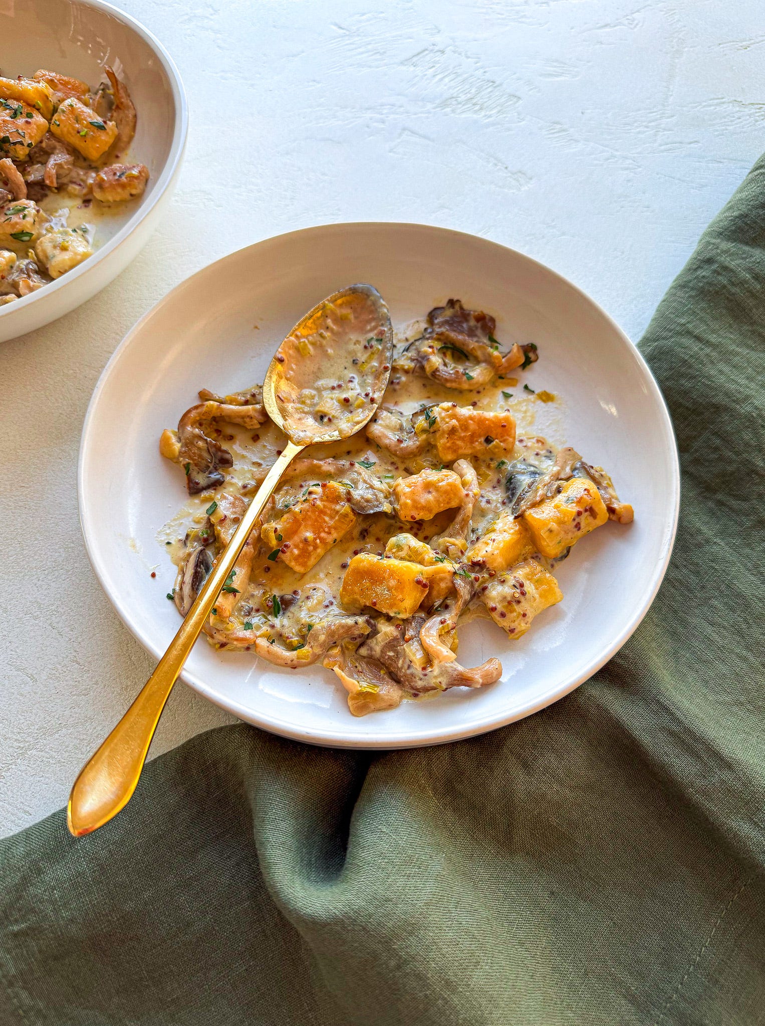 parisian gnocchi with mushrooms, grainy mustard & tarragon