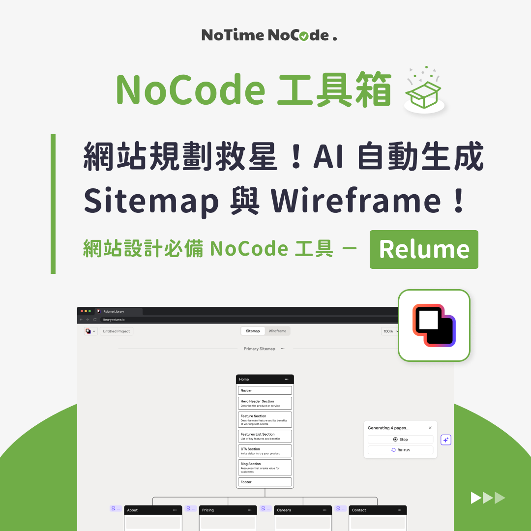 【NoCode 網站規劃必備工具】Relume 透過 AI 自動生成 Sitemap 與 Wireframe