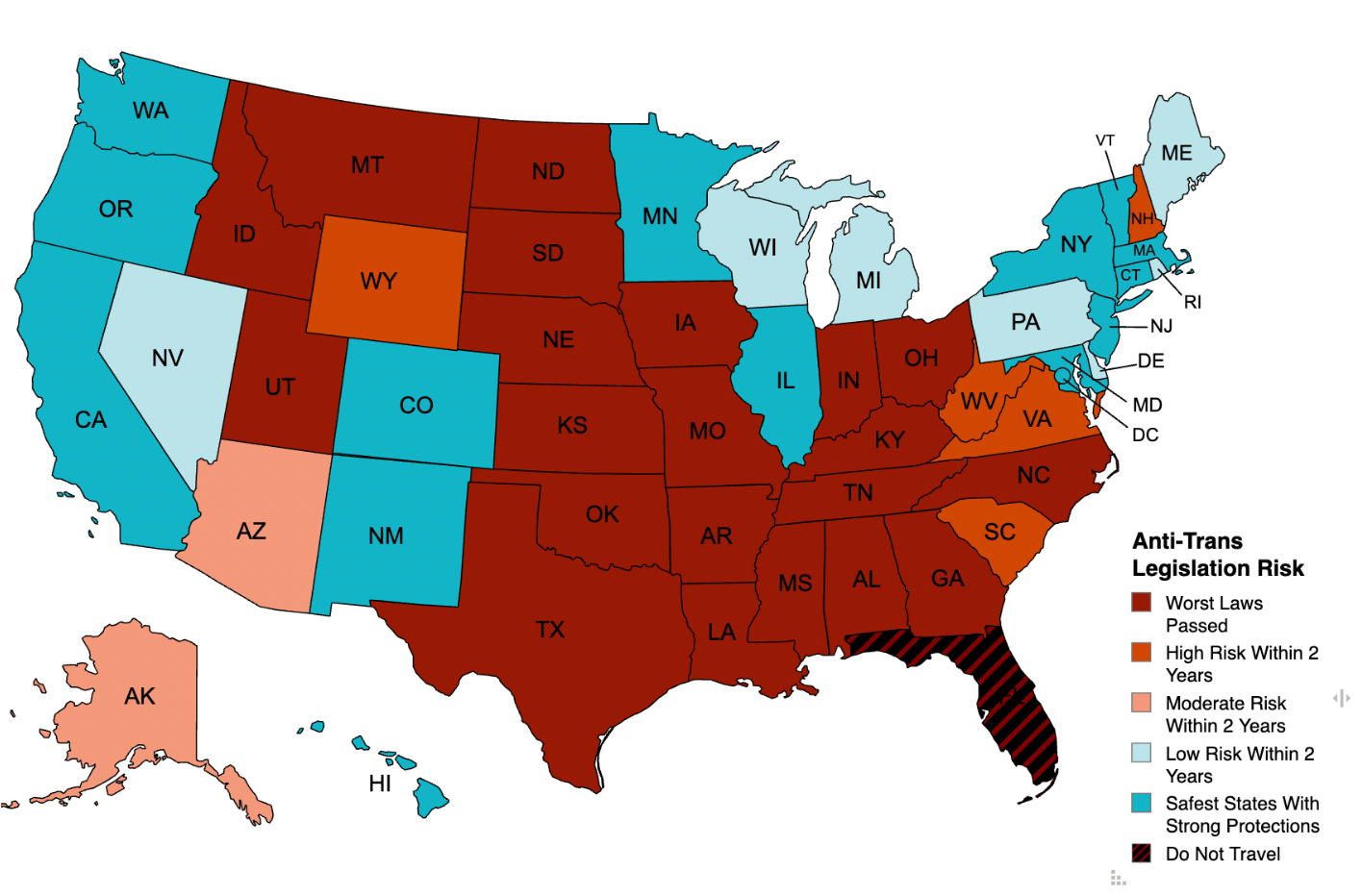 Anti-trans legislation risk map: State breakdown