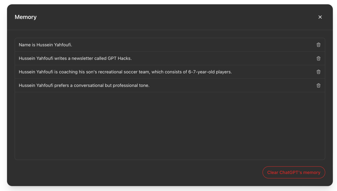 ChatGPT Memory - by Hussein Yahfoufi - GPT Hacks
