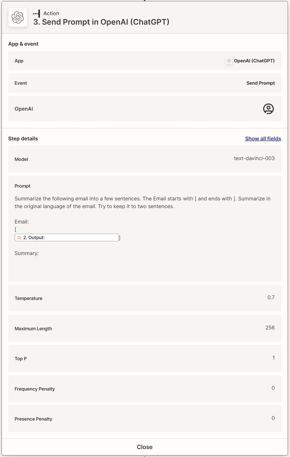 Automated e-mail summarization using GPT-3
