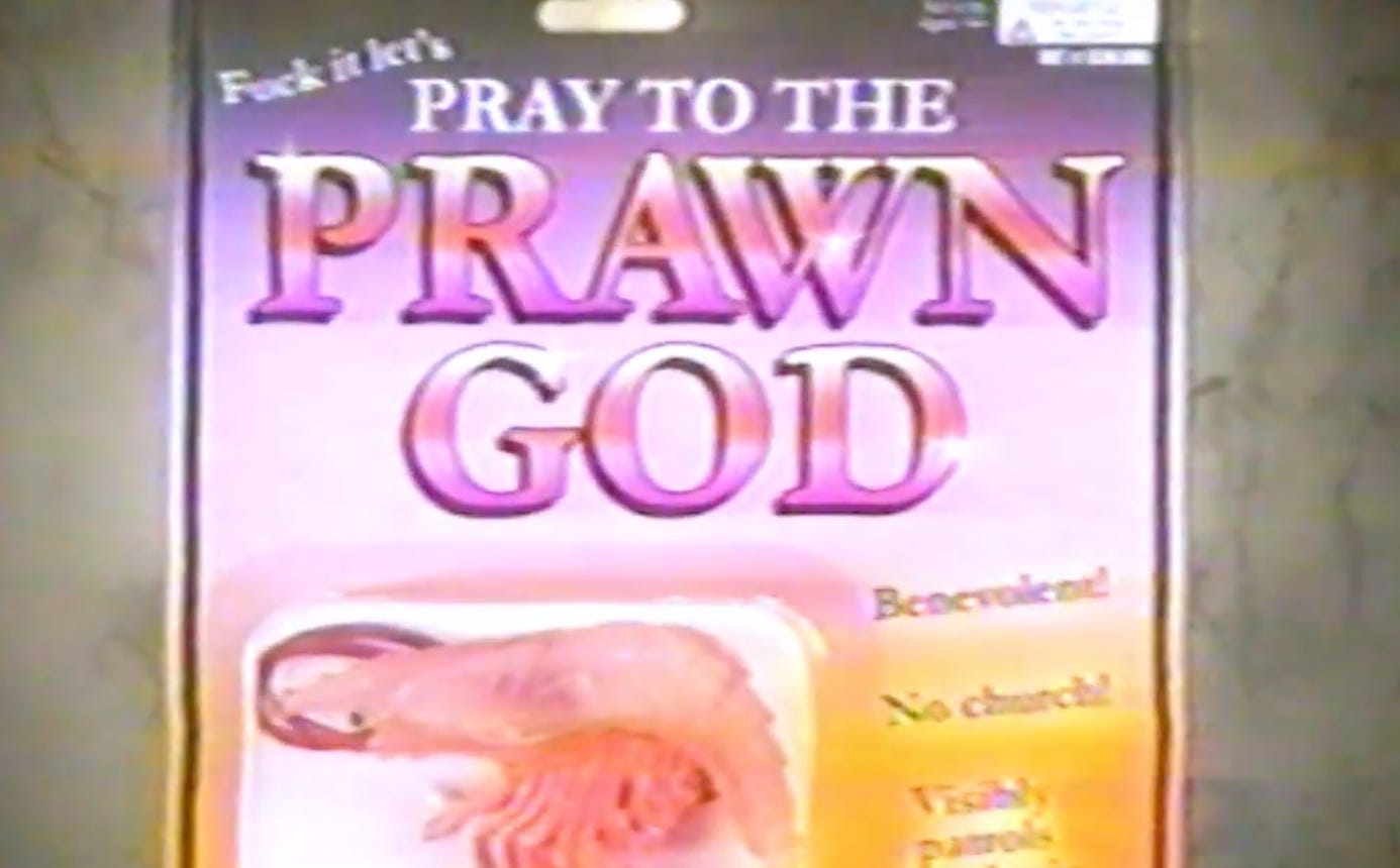 Obvious Plant's prawn gods, inaction figures and weird art