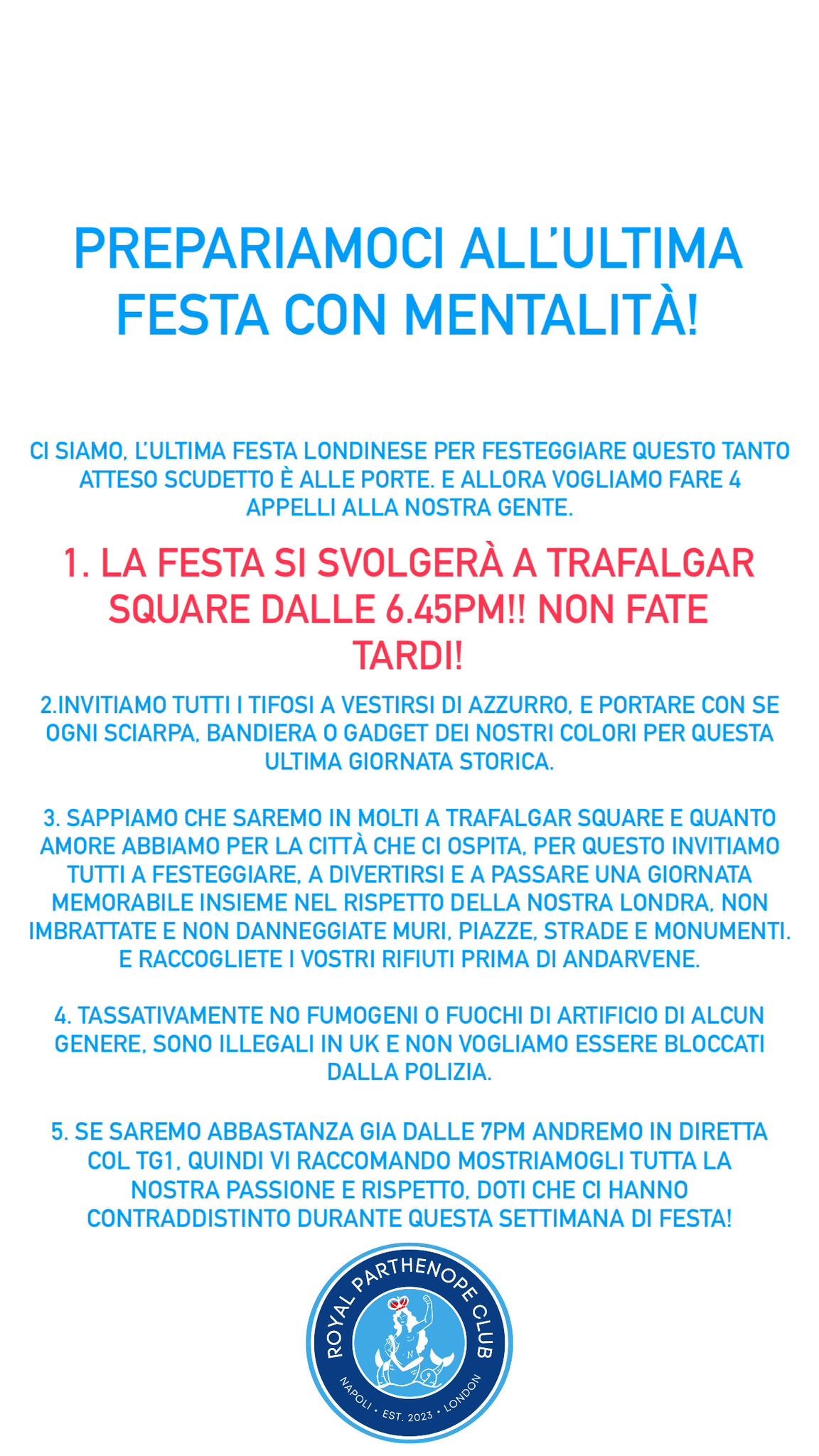 Trafalgar Square si tinge d'azzurro per la festa del Napoli