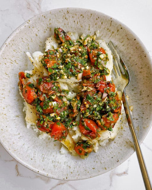 Charred Tomato Chimichurri Cod - by Carina Wolff