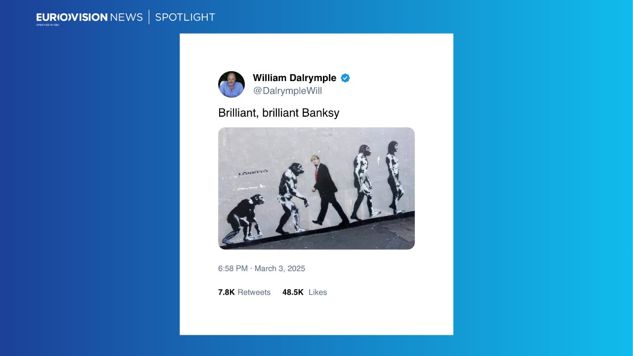 Street art of Trump walking against evolution falsely attributed to Banksy