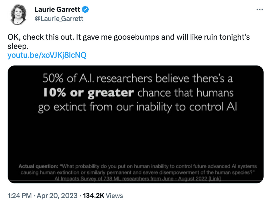 Do half of AI researchers believe that there's a 10% chance AI will kill us all?