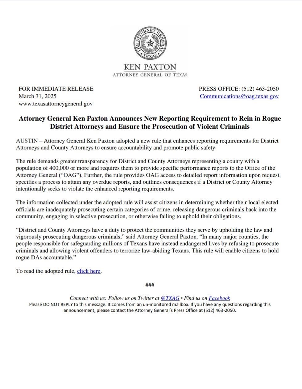 Attorney General Ken Paxton Announces New Reporting Requirement to Rein ...