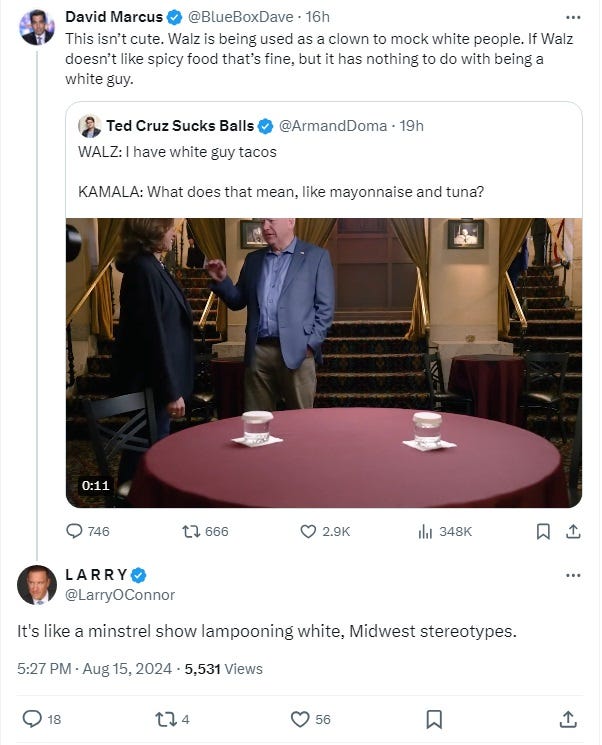 Creepy Bigots Declare Tim Walz Race Traitor For 'White Guy Tacos' Joke