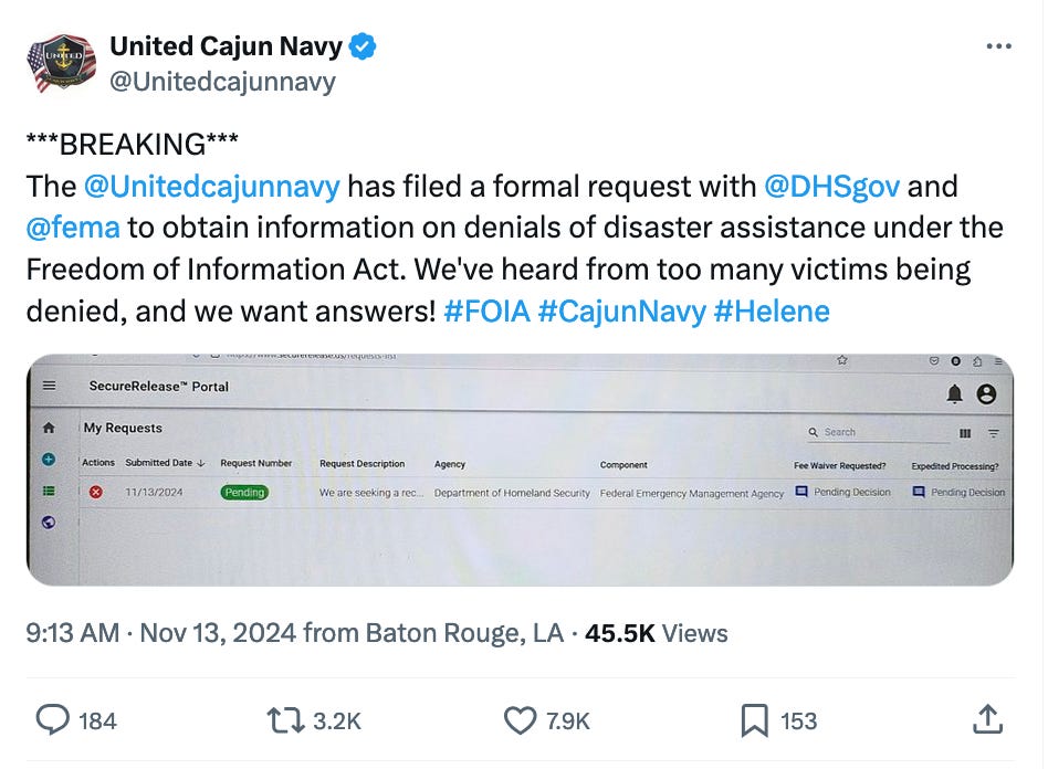 United Cajun Navy Files FOIA with FEMA for Rejected Applications for Hurricane Disaster Assistance