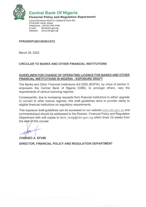 Alert: Central Bank of Nigeria Circular FPR/DIR/PUB/CIR/001/072