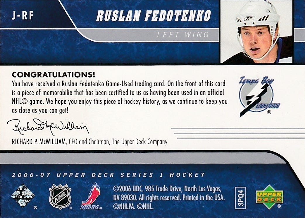 One Player, One Card: Ruslan Fedotenko 2006-07 Upper Deck UD Game Jersey