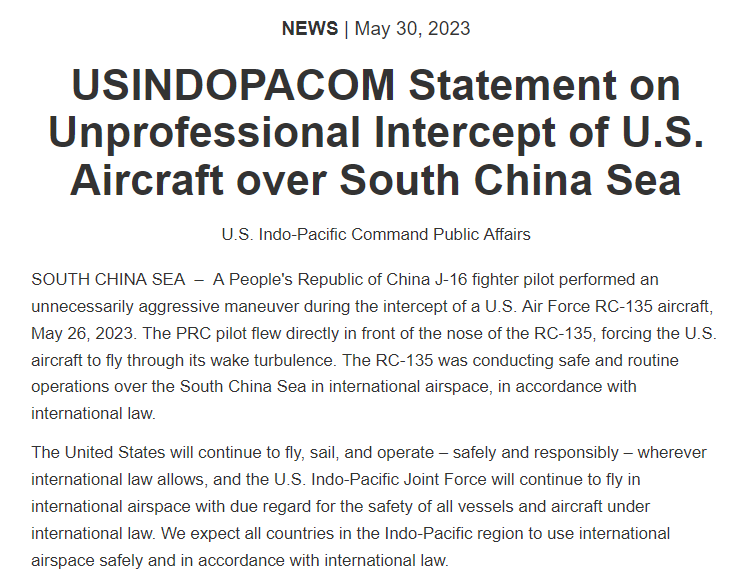 USINDOPACOM Statement on Unprofessional Intercept of U.S. Aircraft over ...