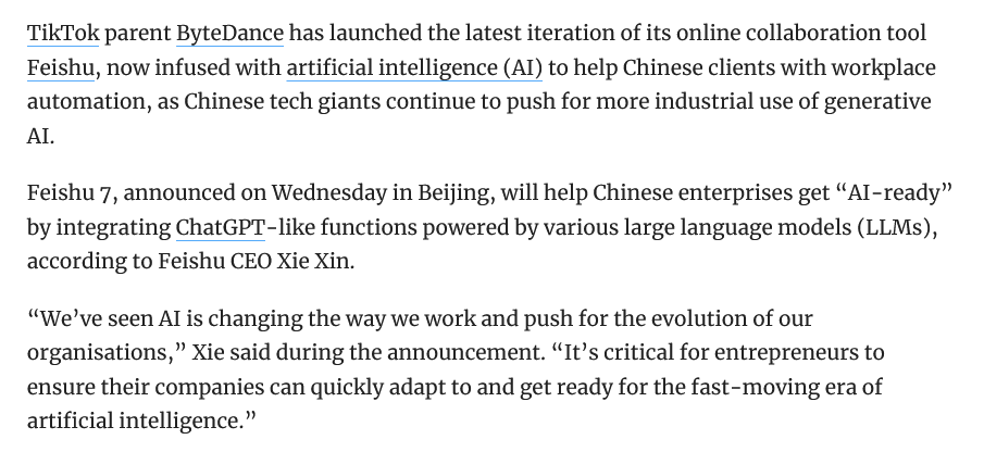 ByteDance adds AI assistant to office tool Feishu, joining rivals ...