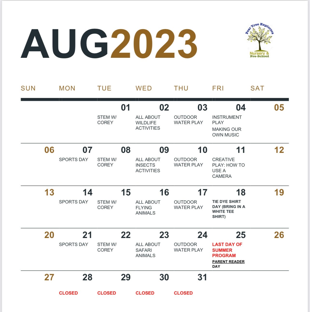 AUGUST CALENDAR - by Pear Tree Explorers News