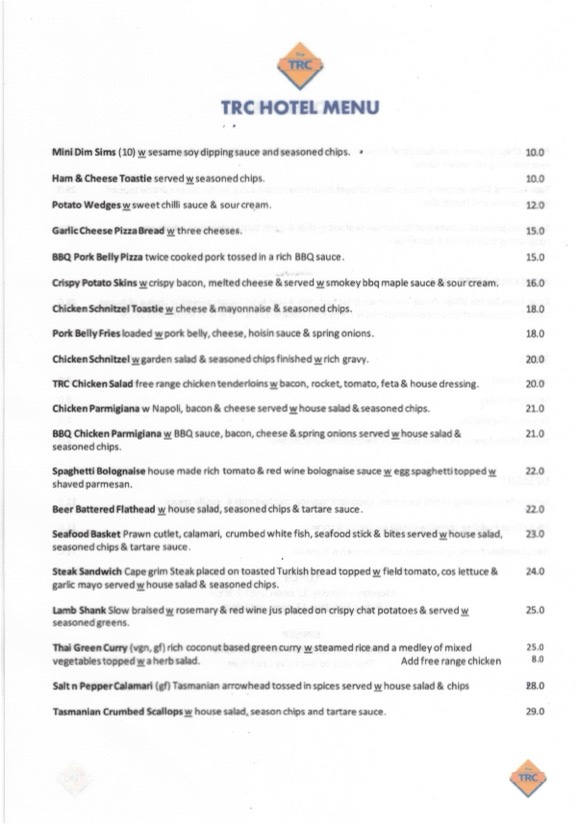 TRC HOTEL | Heads Up Launceston Food Guide
