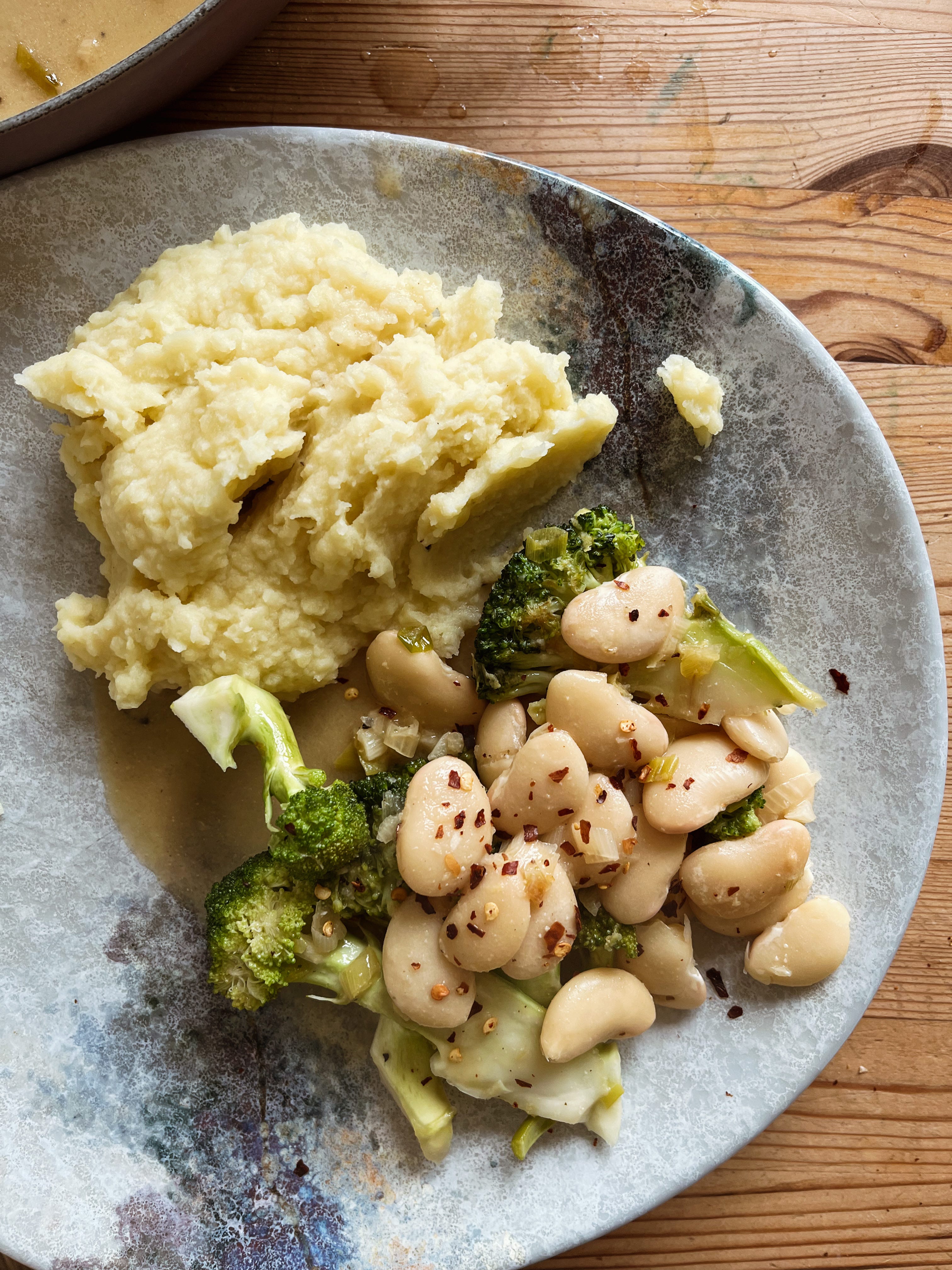 Miso brothy beans with broccoli and mashed potatoes