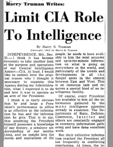 One Month After Dallas, Harry Truman Called for the Abolition of the CIA