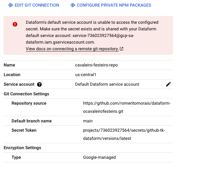 Cloud Dataform: Conectando ao repositorio do GitHub